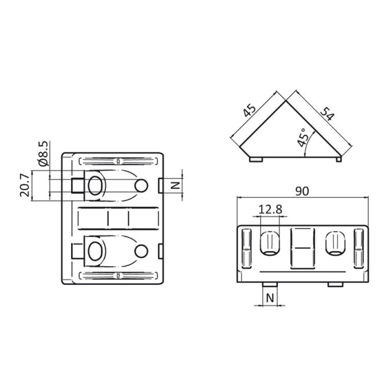 Angle Connector 90 x 45, 45 degree - Connection Angle - A2A Systems